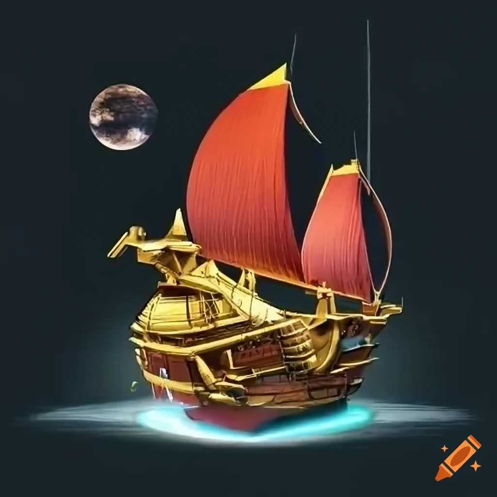 Detailed solar punk sailing vessel with rocket engines flying by stars ...