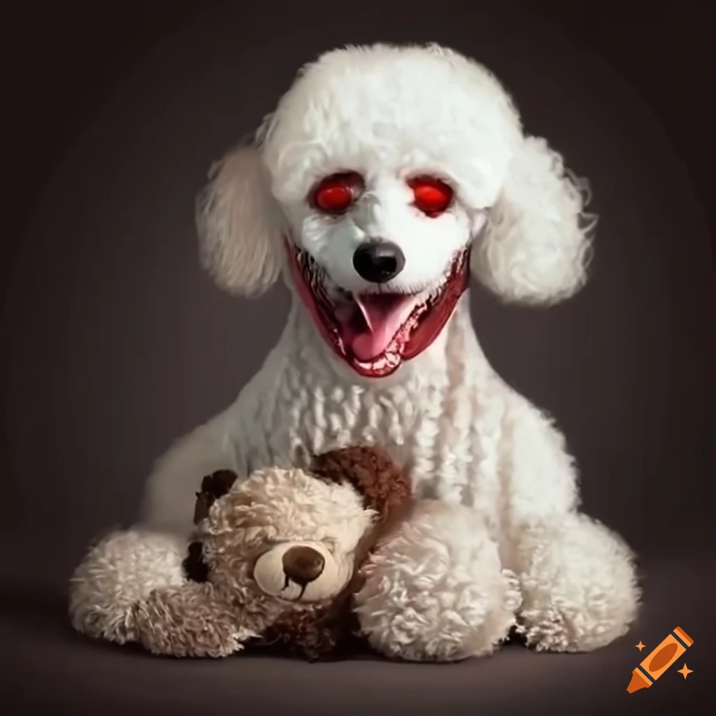 Scary white poodle playing with cute teddy bear on Craiyon