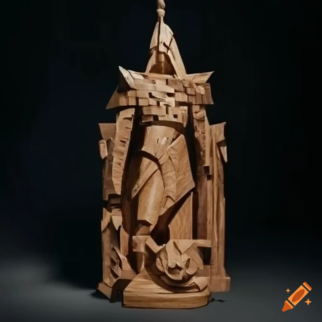 Giant sword and shield statue made from wood bricks on Craiyon