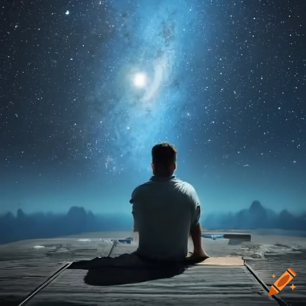 Man sitting and staring out a bay window into outer space on a ...