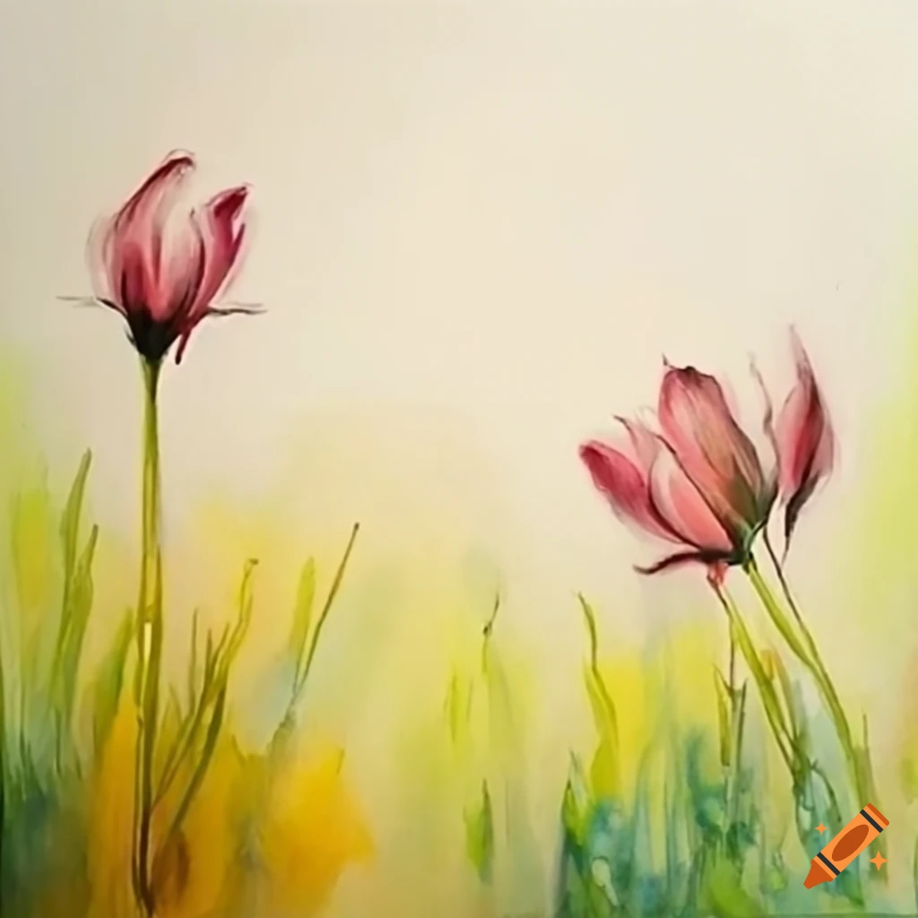 Two flowers in a distant field in a watercolor painting on Craiyon