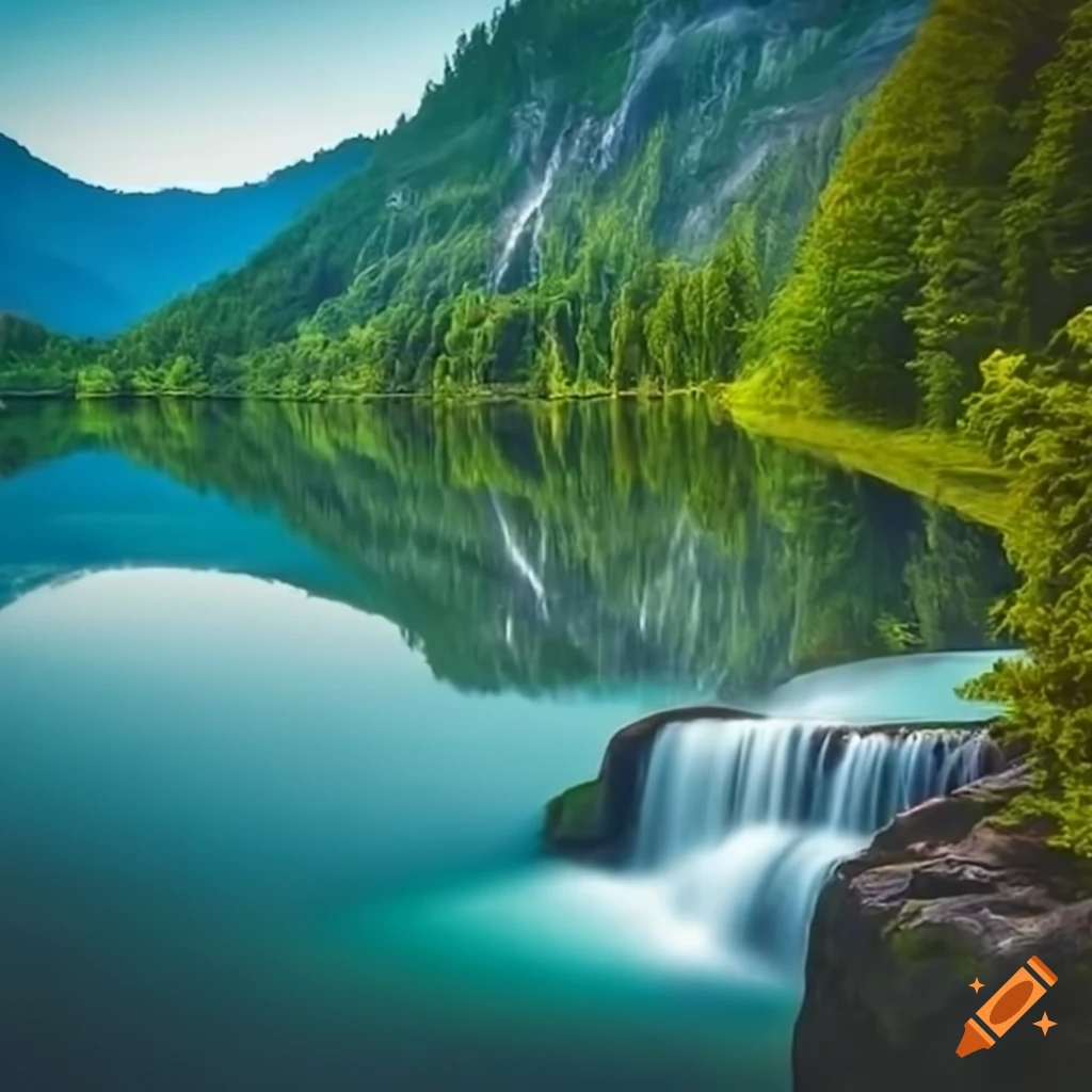 River transforming into waterfalls joining in a lake with an island and ...