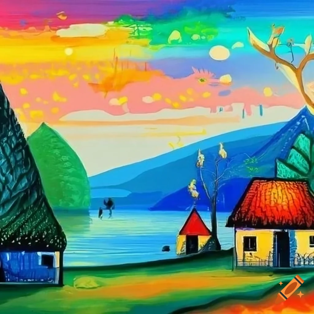 Naif art style landscape painting on Craiyon