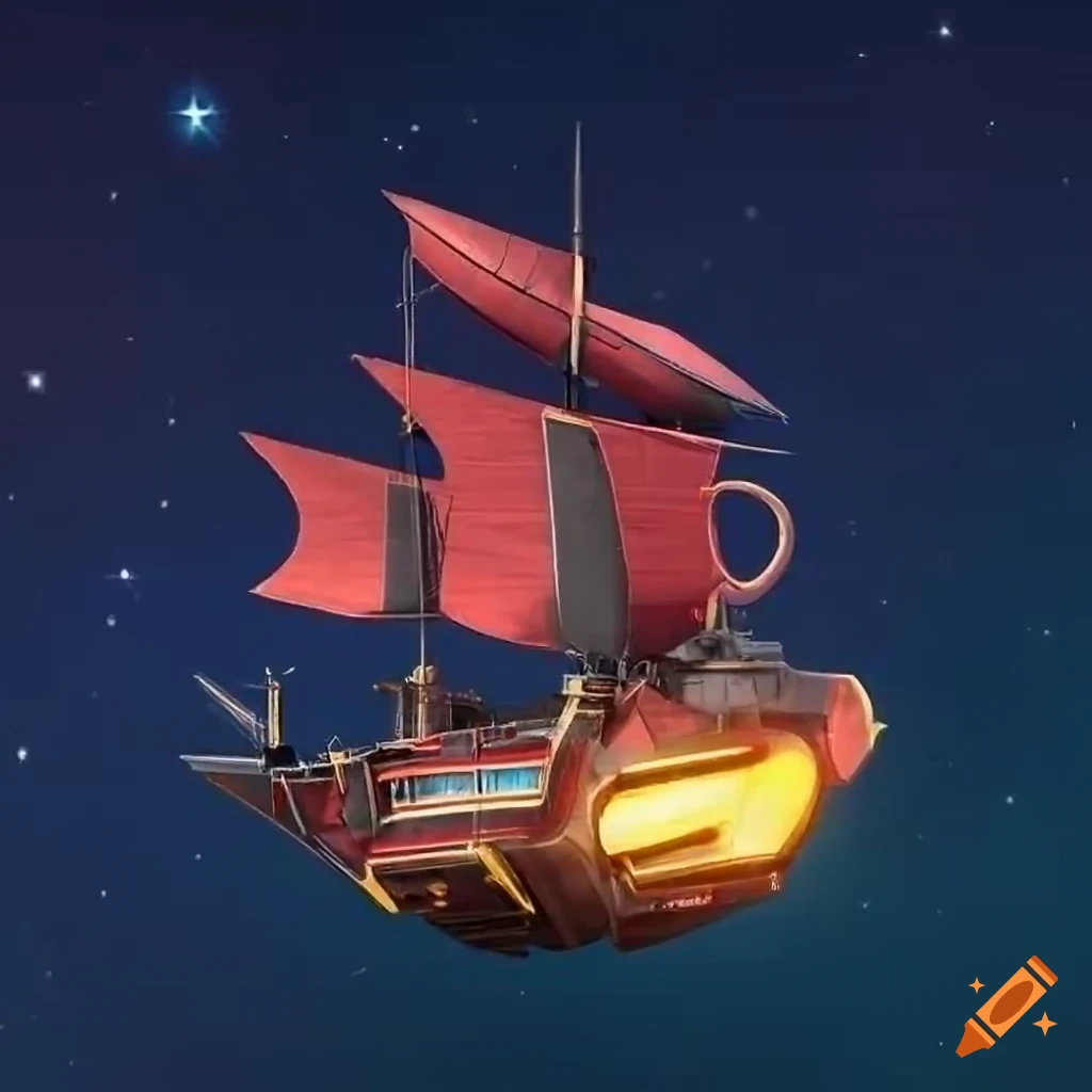 Detailed solar punk ship sailing vessel flying by stars, planet, moon ...
