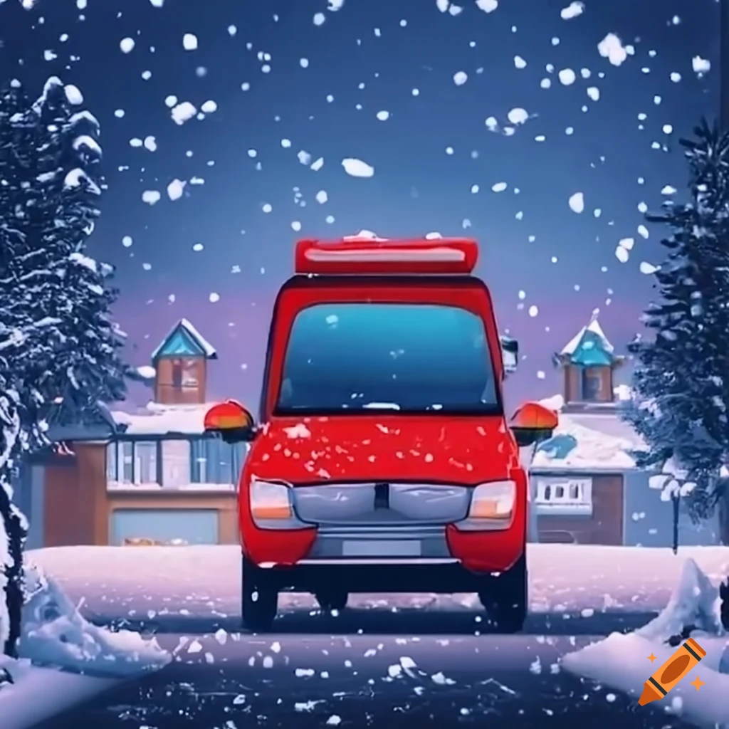 Pizza delivery car driving through a snowy town on Craiyon