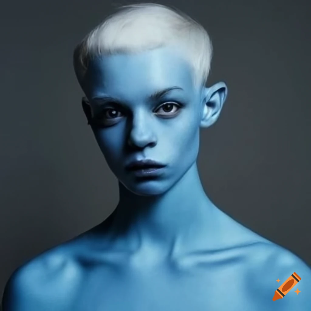 Blue-skinned humanoid alien man with pointed ears and white wavy hair on Craiyon