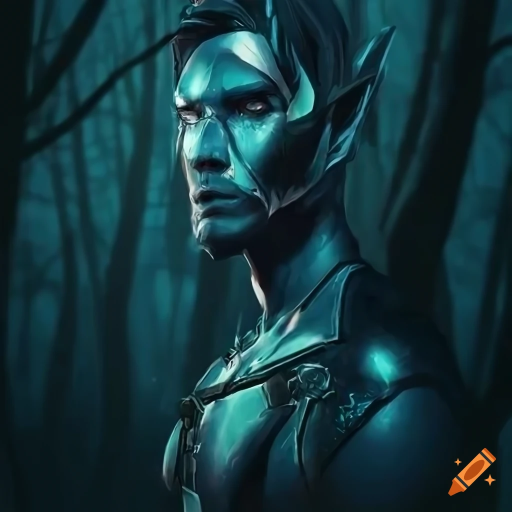 Futuristic dark elf man with black skin in a forest on Craiyon