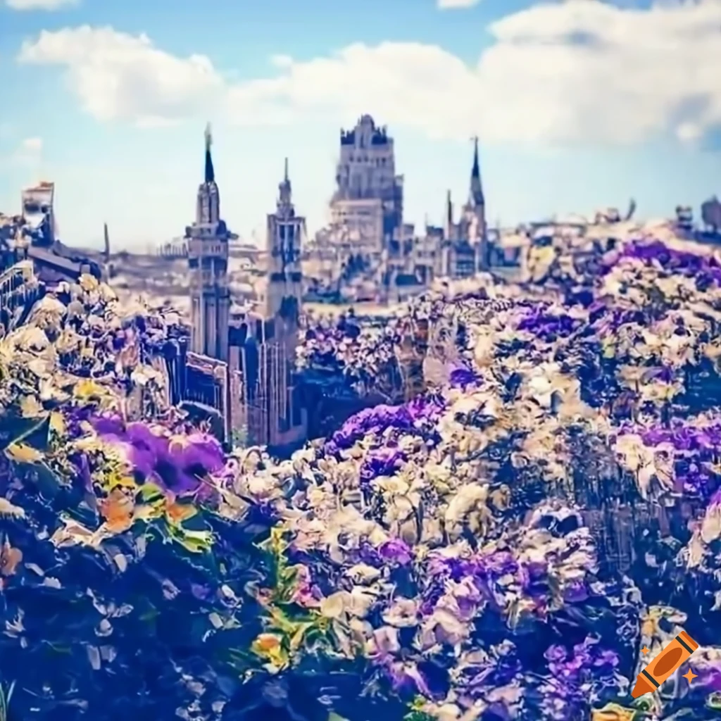 Detailed city covered in colorful flowers in the daytime on Craiyon