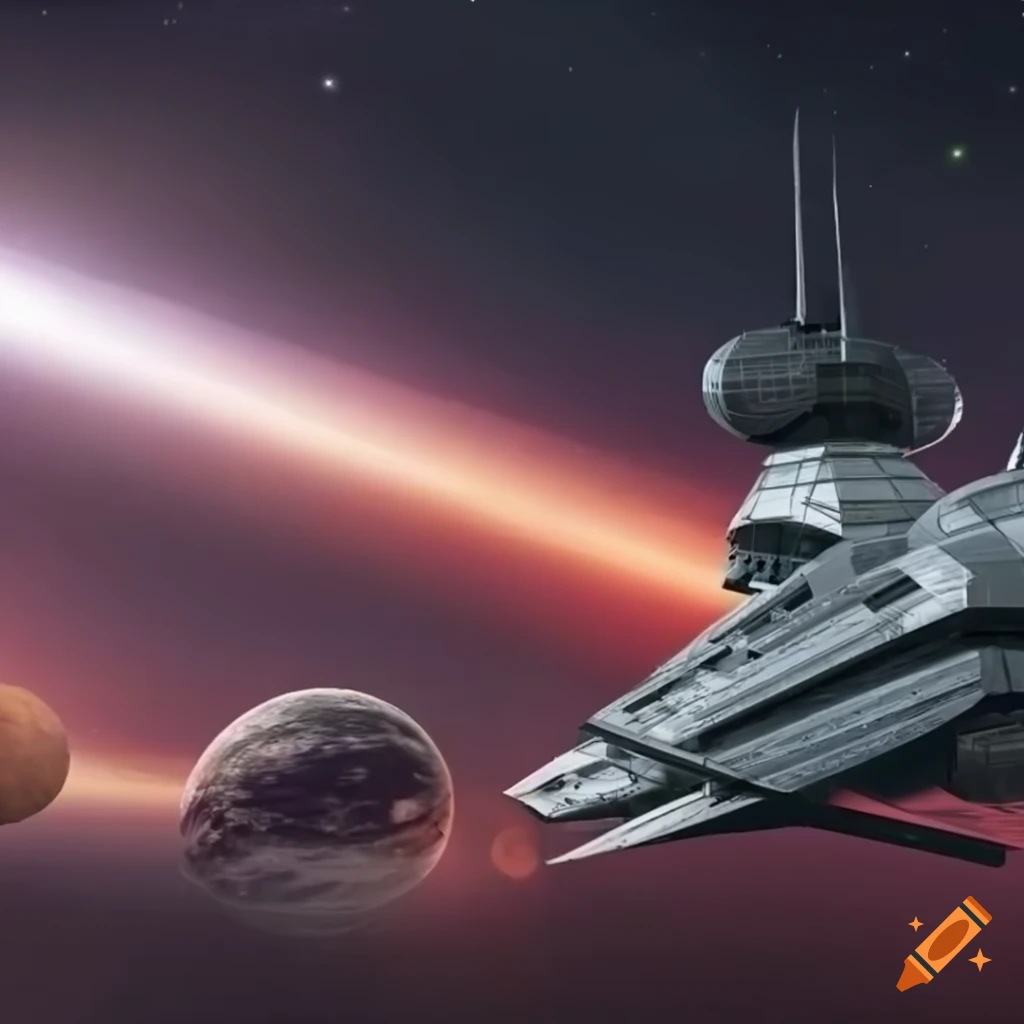 Futuristic space sailing ship among interstellar planets and stars on ...