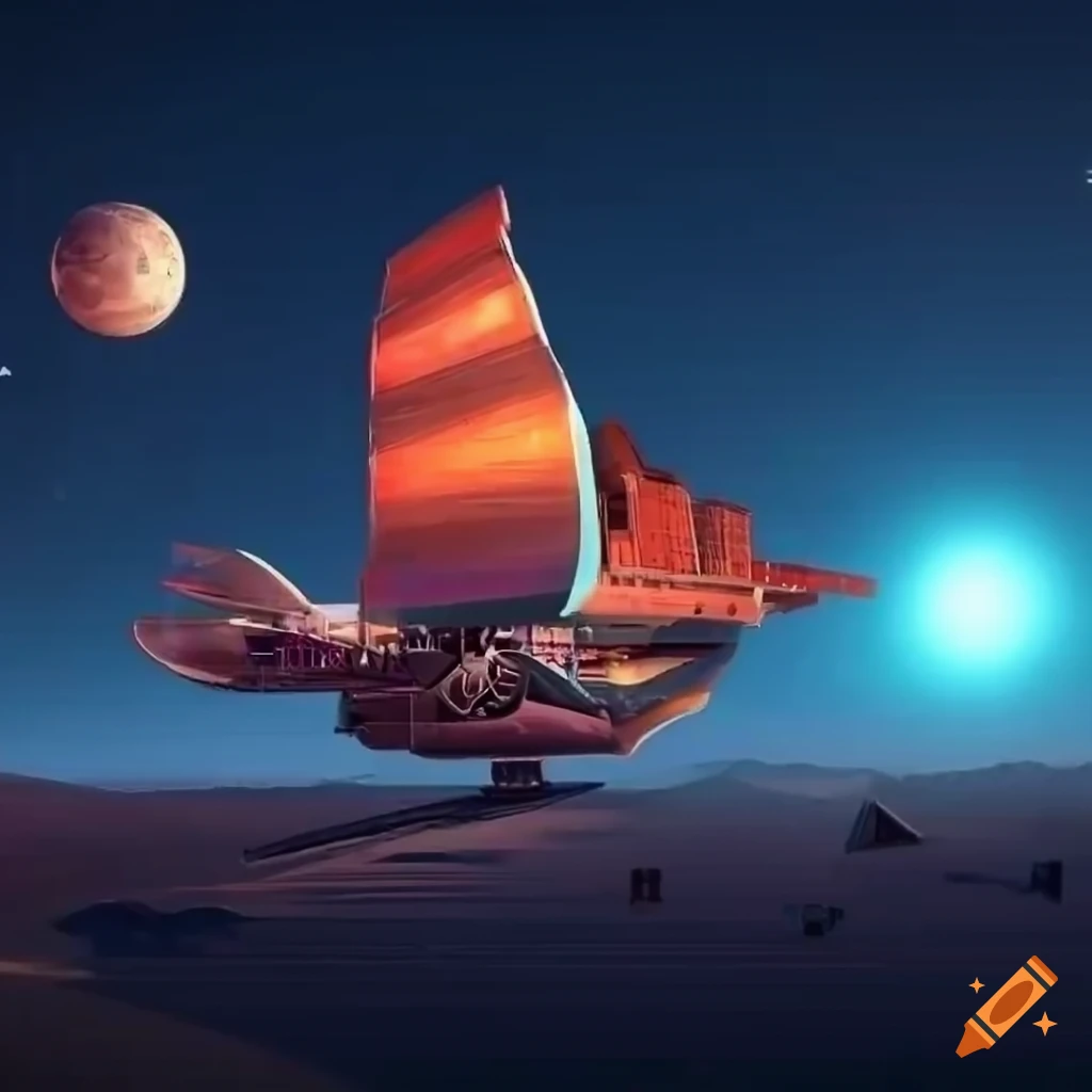 Detailed solar punk ship sailing vessel flying by stars, planet, moon ...