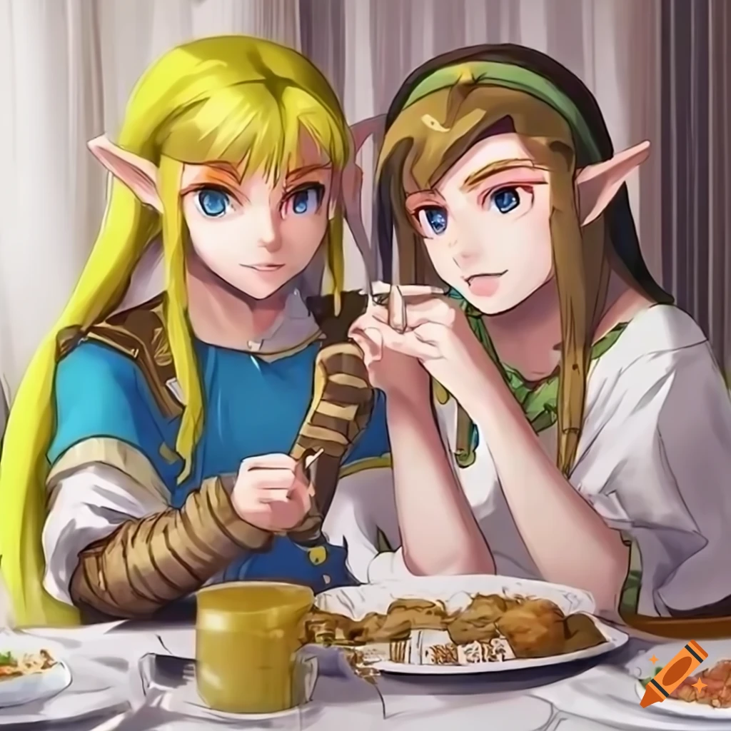 Link and zelda enjoying a meal at a dinner table in anime style on Craiyon