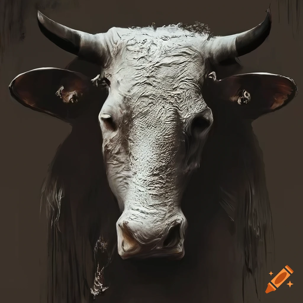 Dark romantic painting of a white bull with visible canvas texture and ...