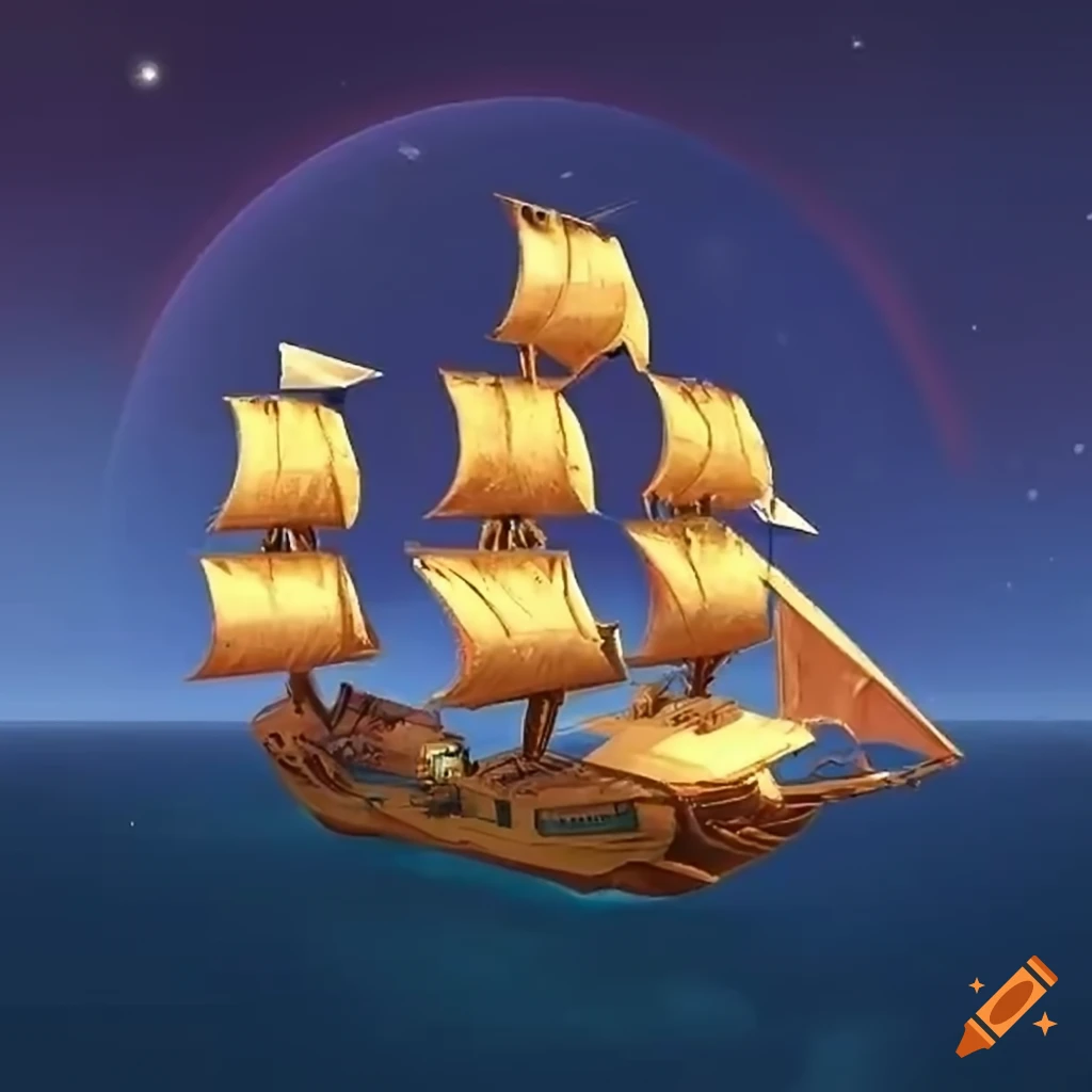 Solar punk ship with rocket engines sailing by stars, planet, and moon ...