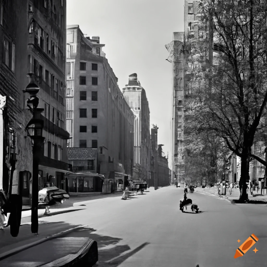 1940s style street scene with trees and pedestrians in a neighborhood ...