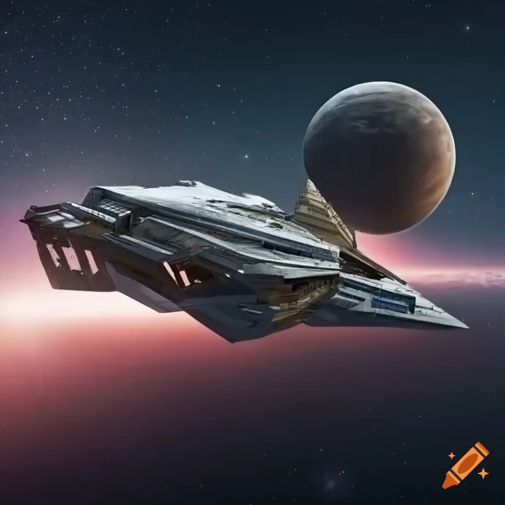 Futuristic space sailing ship between interstellar planets and stars on ...