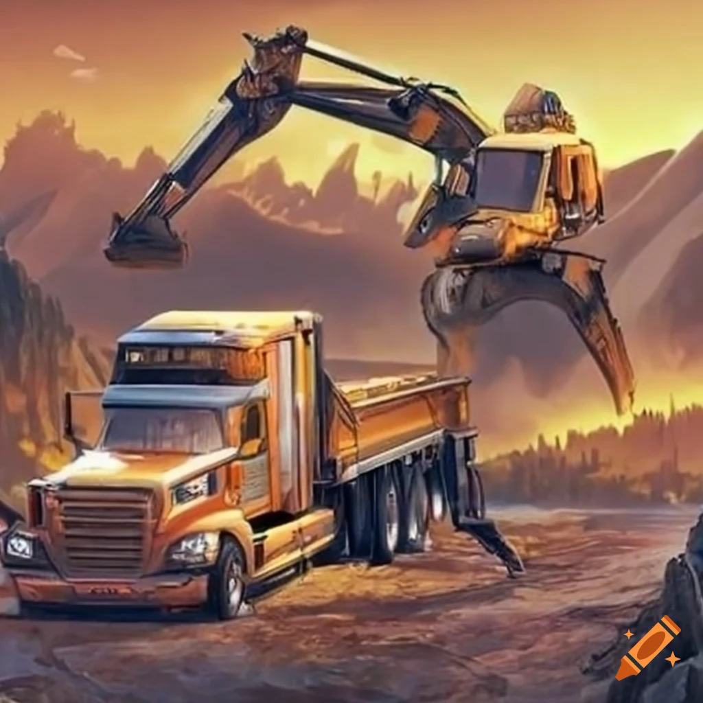 Epic picture of trucks and diggers together on Craiyon