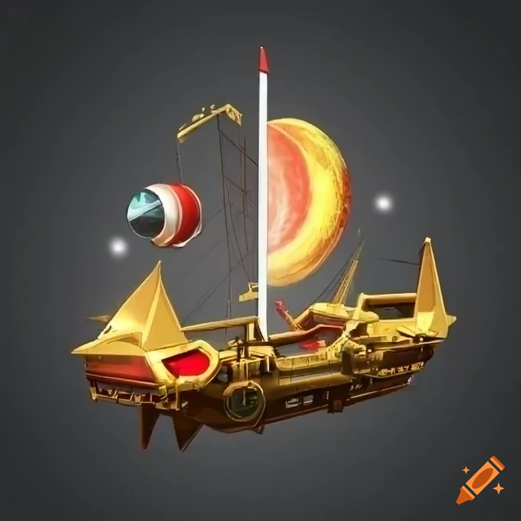 Detailed solar punk ship with rocket engines sailing by stars and ...