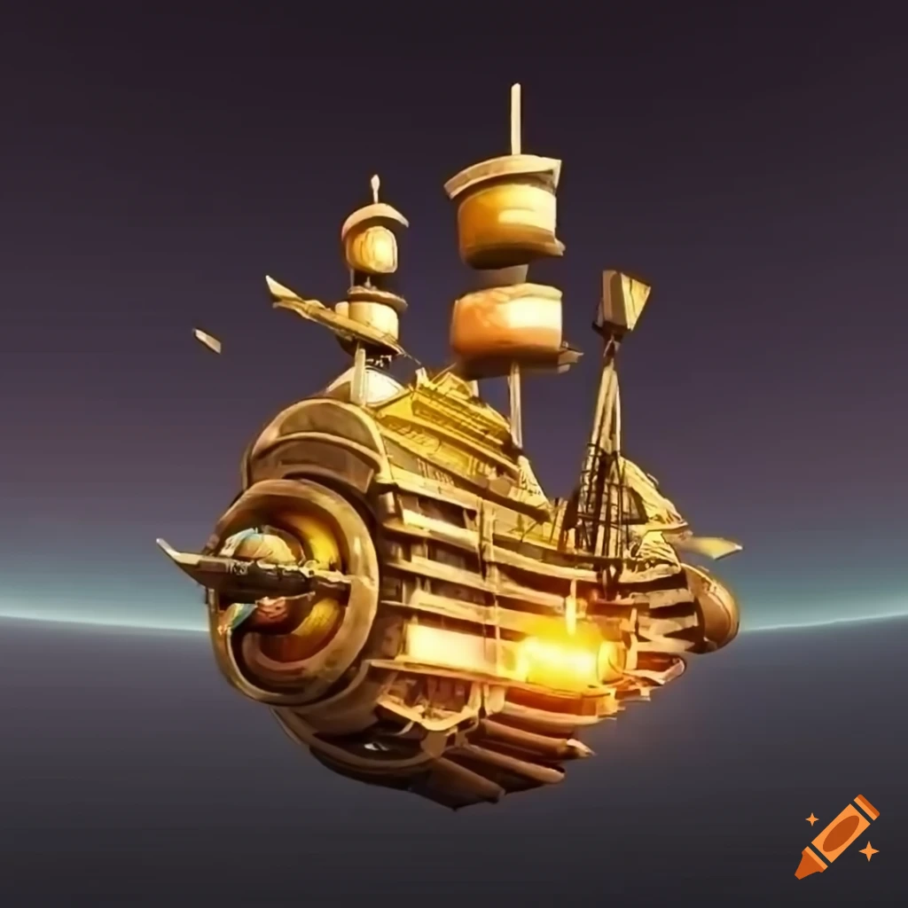 Solar punk sailing vessel with rocket engines flying by stars and ...