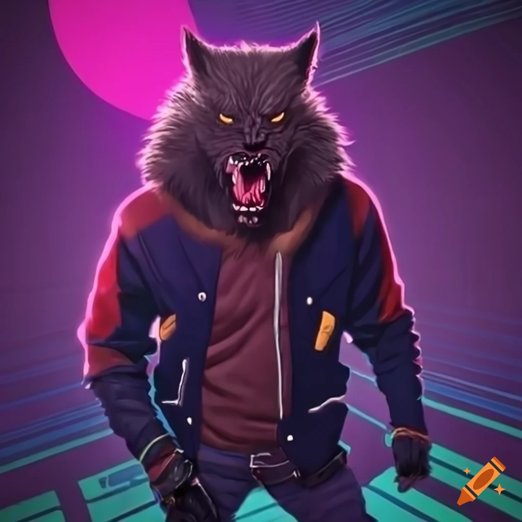 Werewolf in letterman jacket with a synthwave vibe on Craiyon