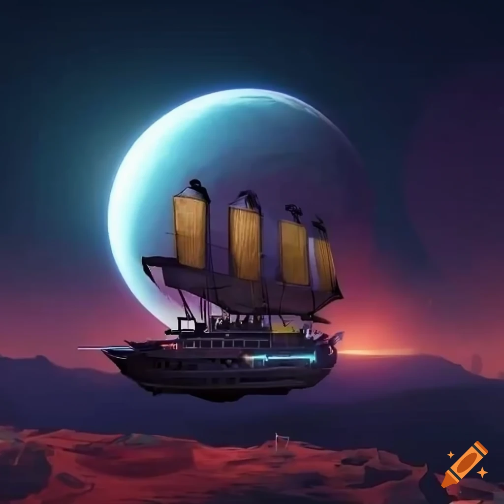 Detailed solar punk ship sailing vessel flying by stars, planet, moon ...