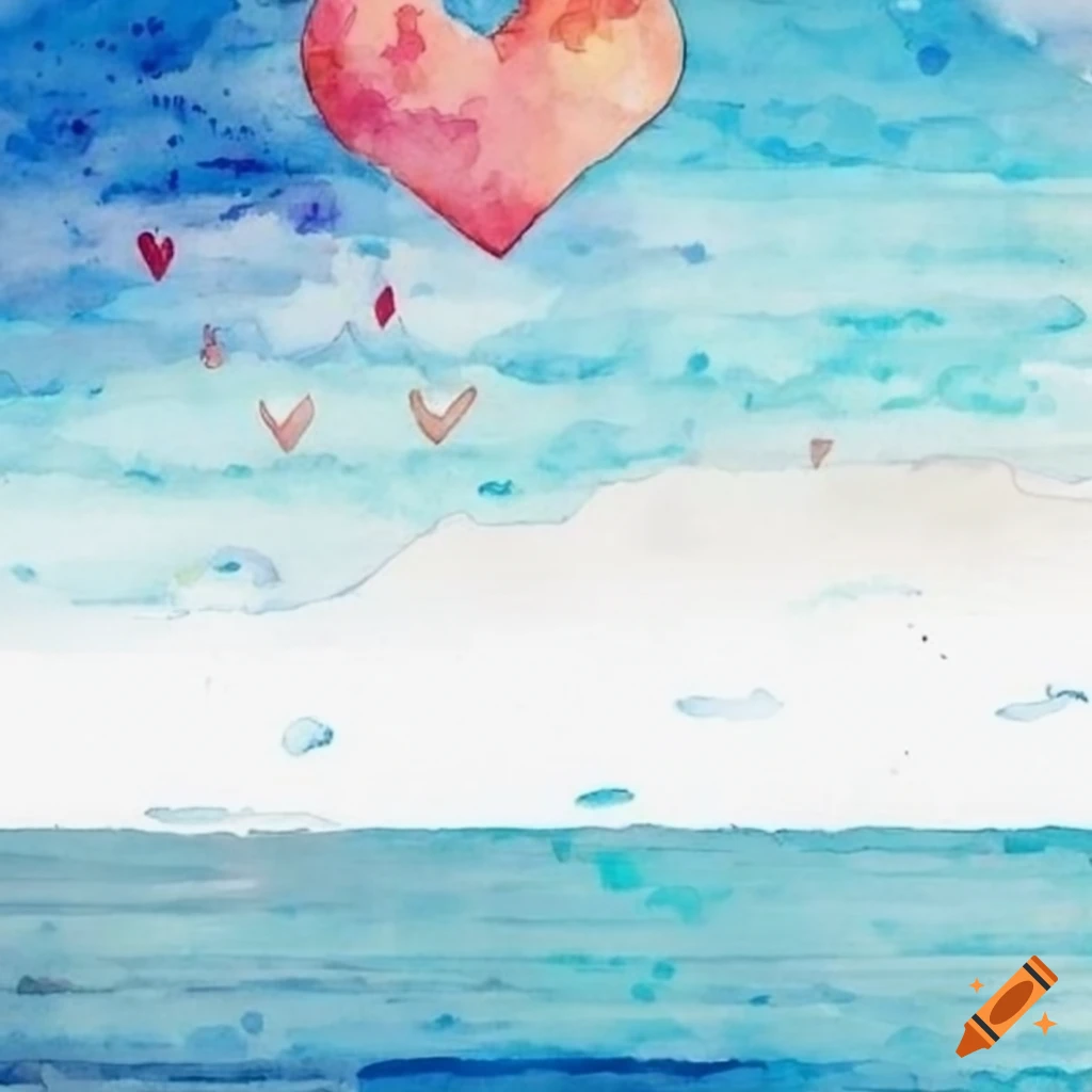 Heart flying above the sea in watercolor on Craiyon