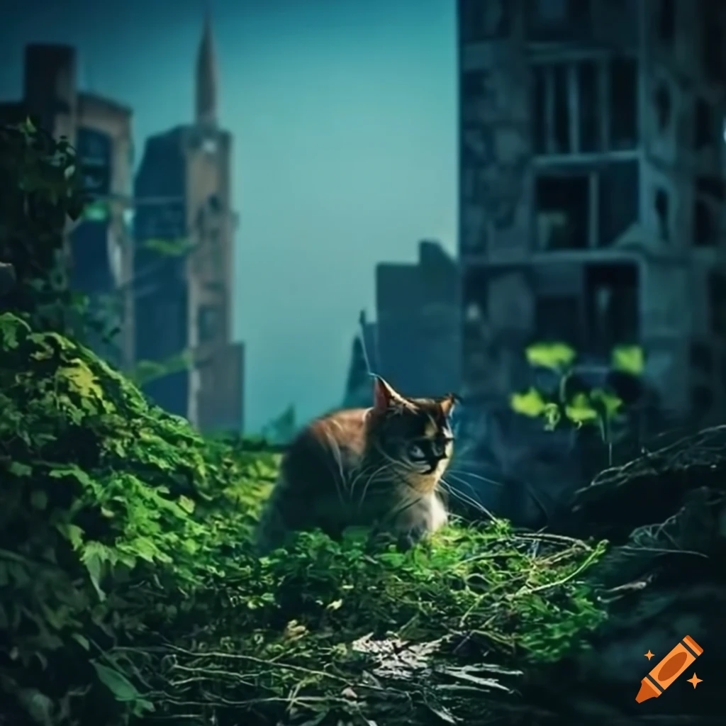 Cat in an overgrown city on Craiyon