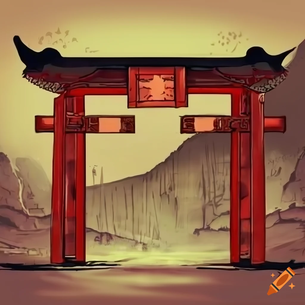 Red wooden gates and chinese shrine in an ancient village anime style ...