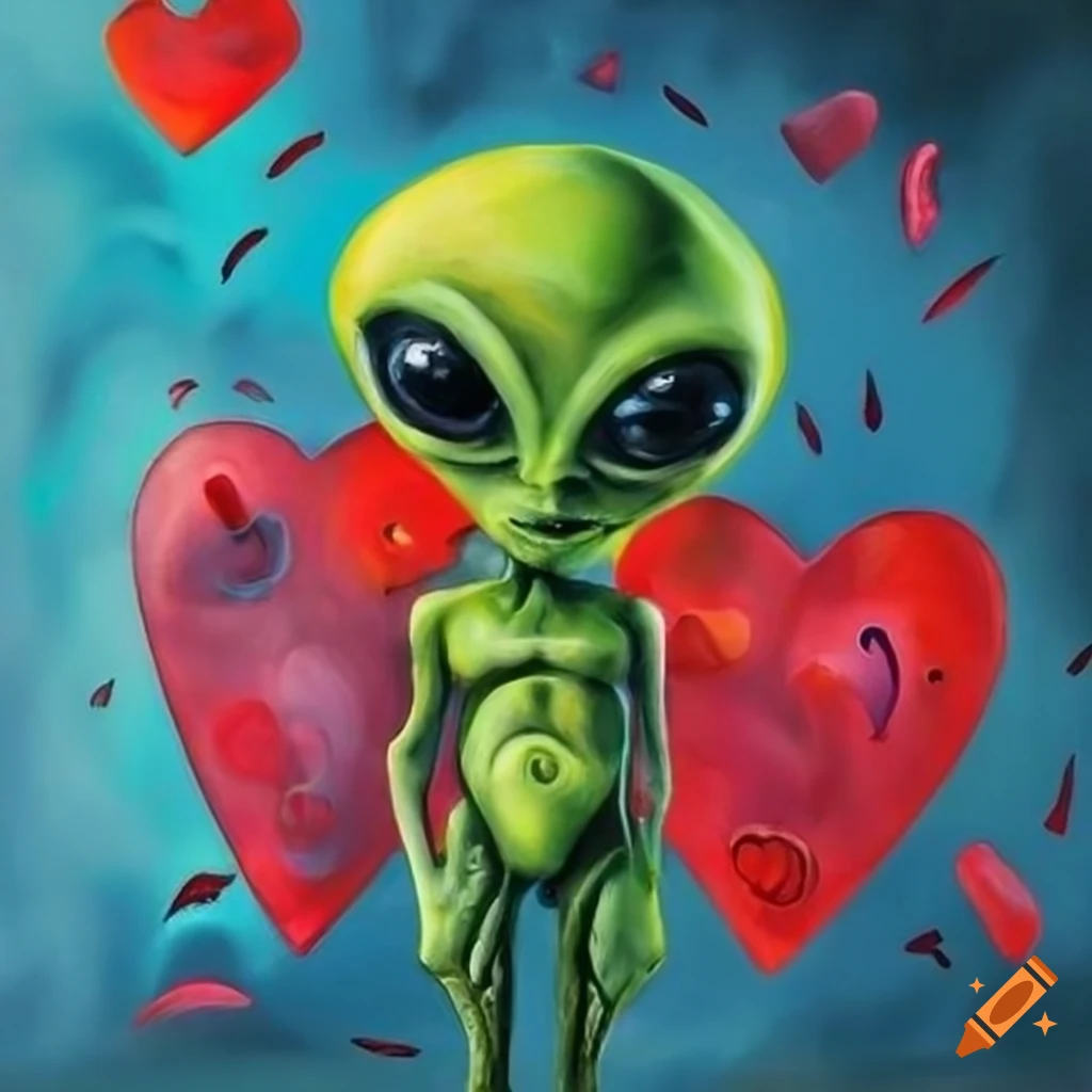 Surreal painting of alien holding a heart with bright colors on Craiyon