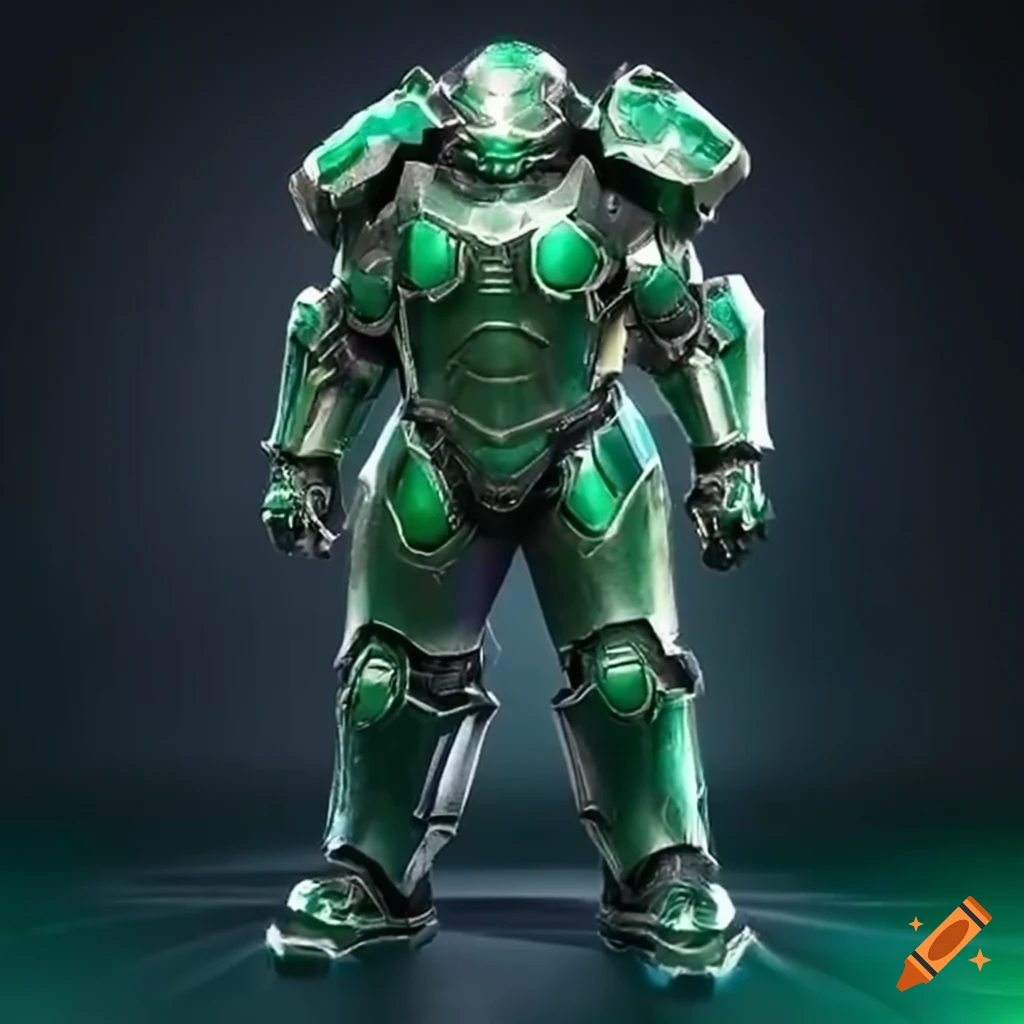 Intense and powerful emerald crystal full-body power armor on Craiyon