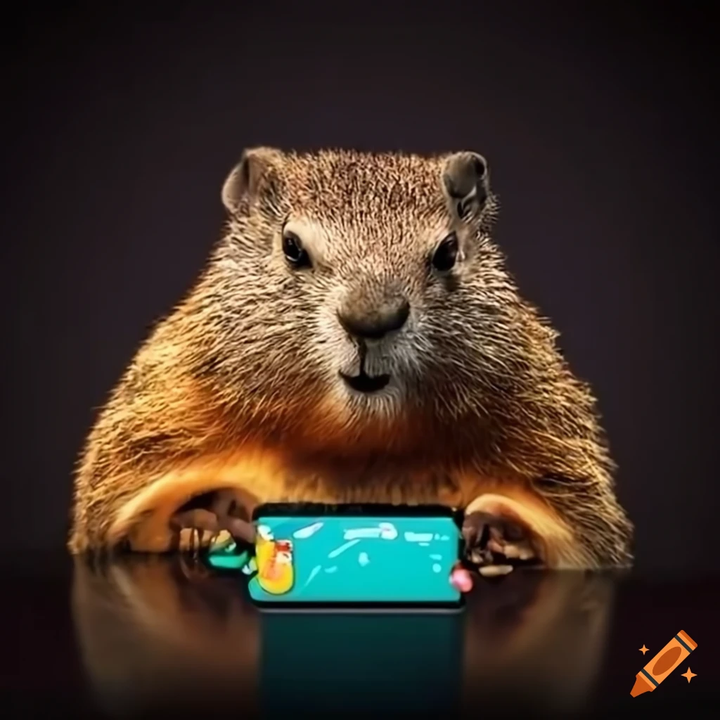 Friendly groundhog using a computer at a home workstation on Craiyon