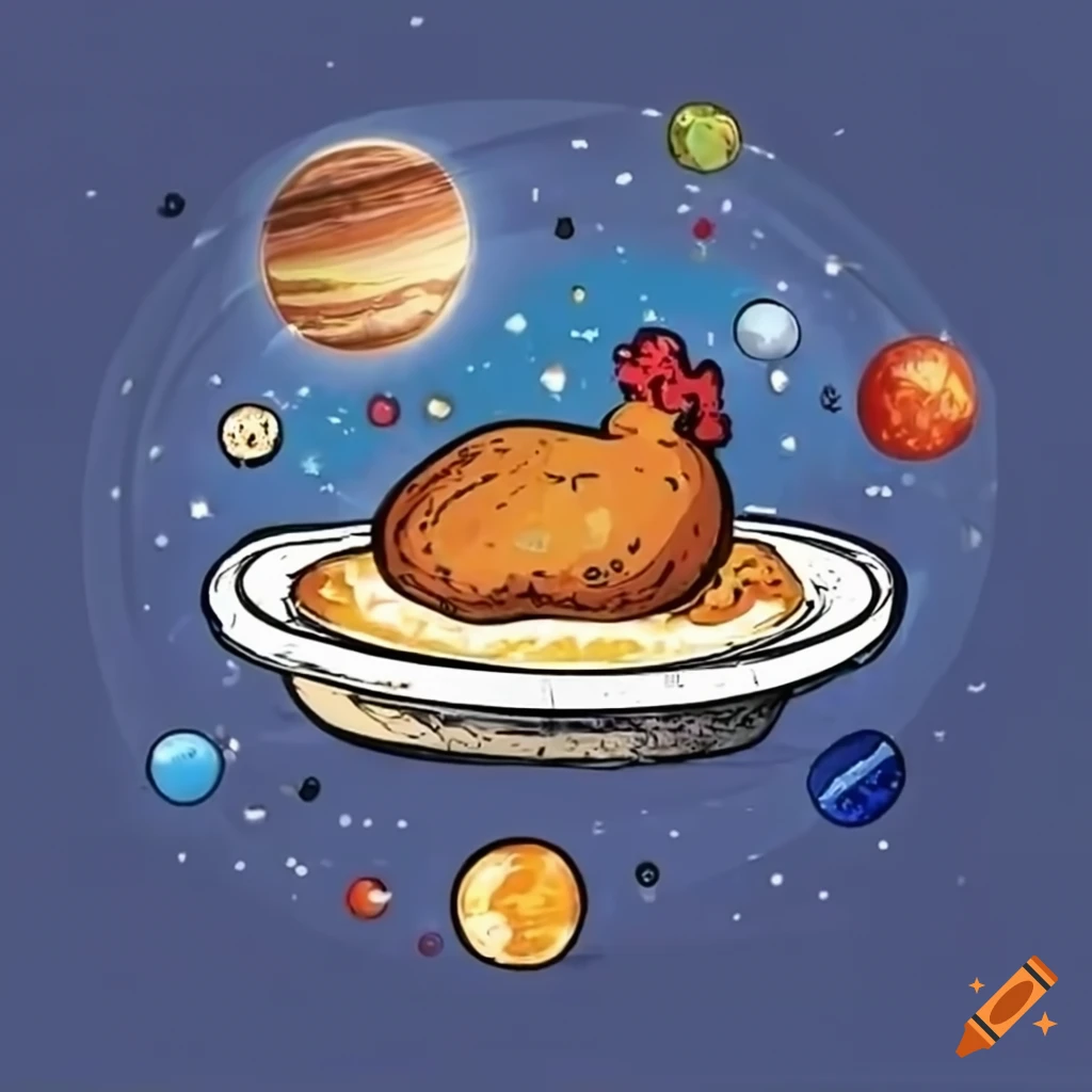 Delicious chicken dish in the solar system surrounded by planets on Craiyon