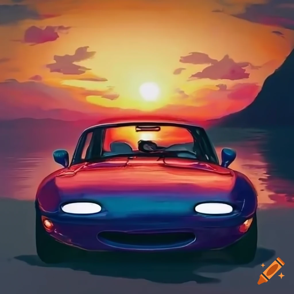 Dramatic painting of a mazda miata on a cliff shore with a sunset on ...