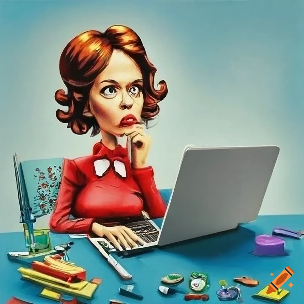 Humorous book illustration of a sad woman using a laptop in a whimsical ...