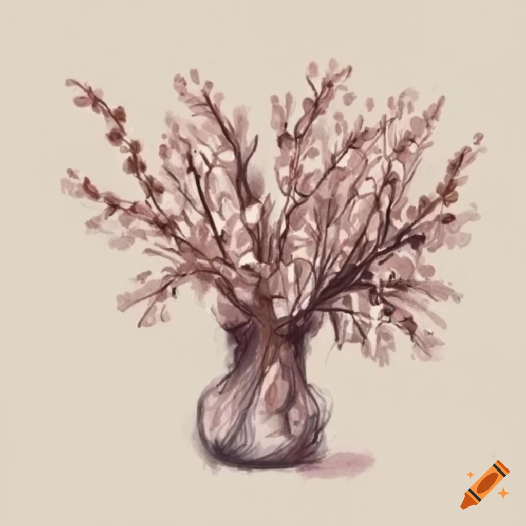 Sketch of blooming willow branches in a bouquet on Craiyon