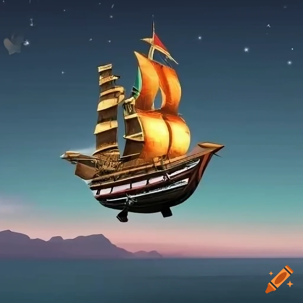 Detailed solar punk sailing vessel with rocket engines flying through ...