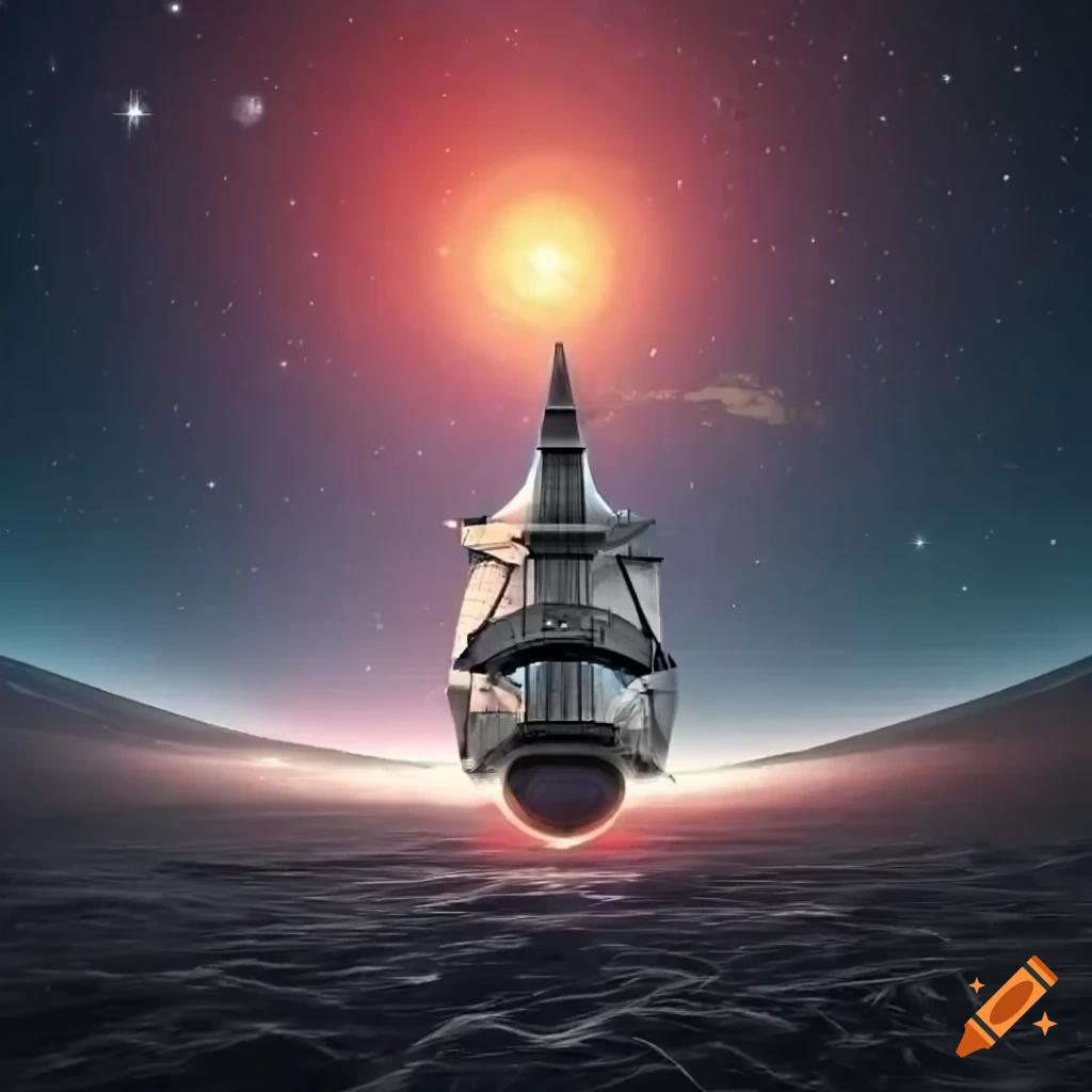 Futuristic space sailing ship among interstellar planets and stars on ...