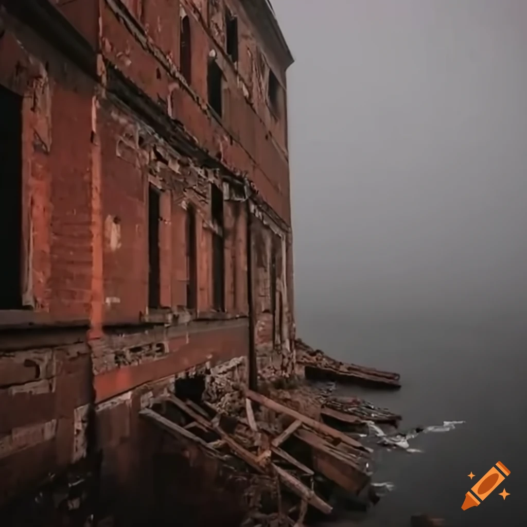 Close-up of abandoned brick buildings sinking into ocean in a pale ...