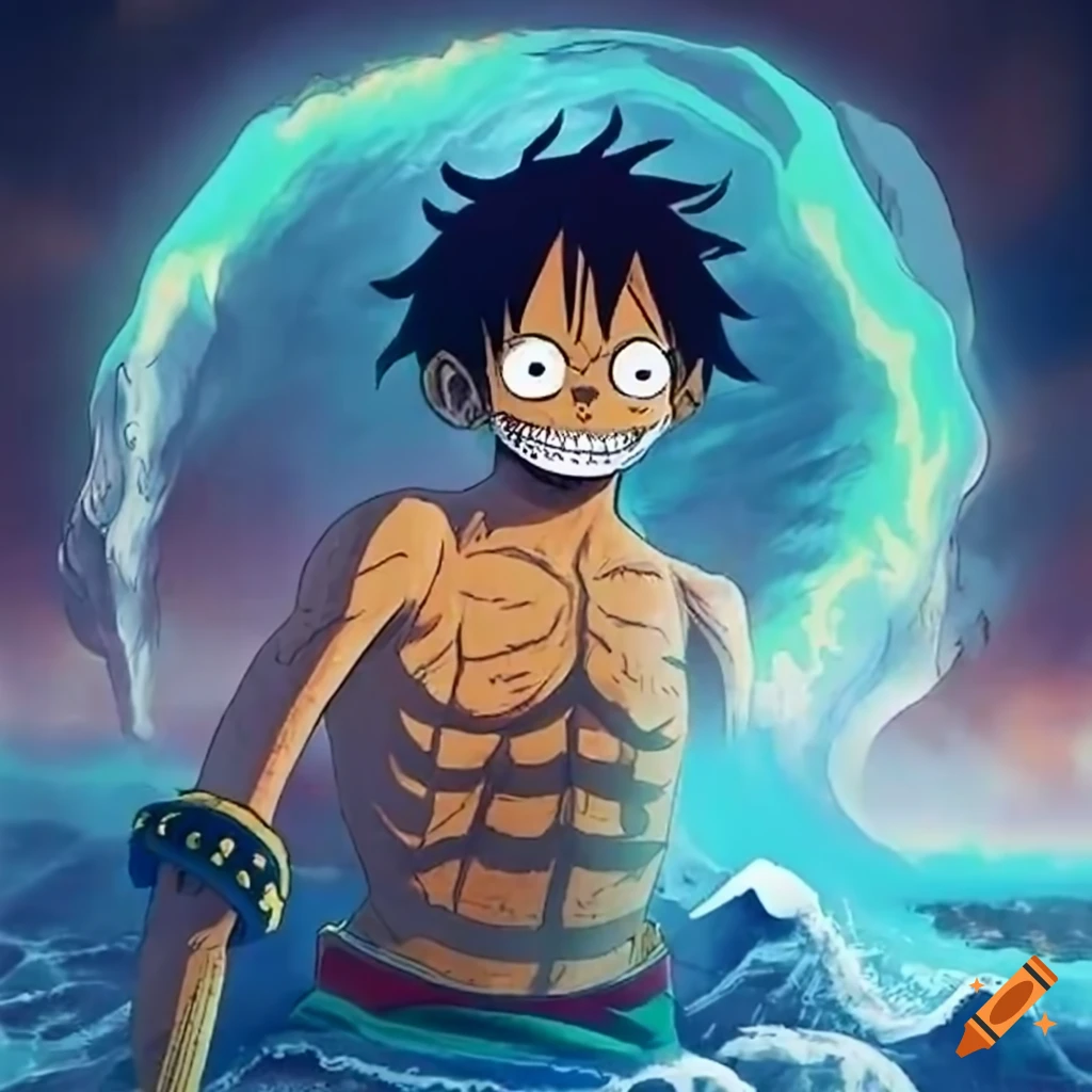 Monkey D. Luffy, captain of the Straw Hat Pirates, with the roaring sea ...