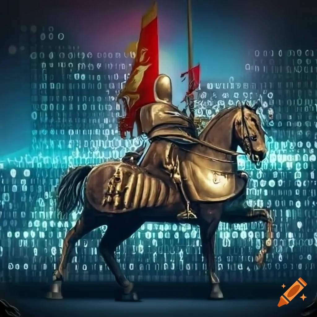 Polish hussar on horse with digital world symbols in background on Craiyon