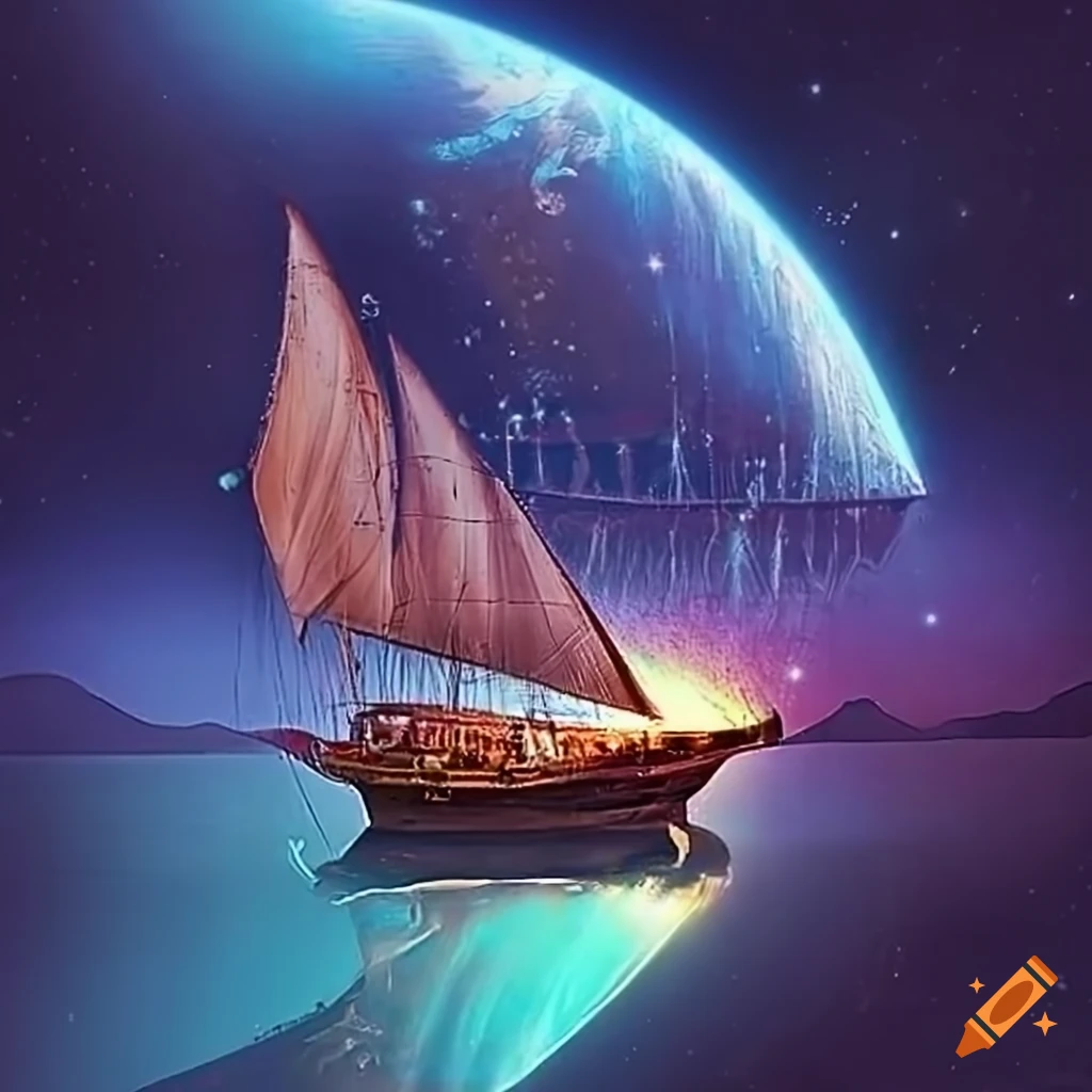 Sailing vessel exploring a surreal and psychedelic treasure planet on Craiyon