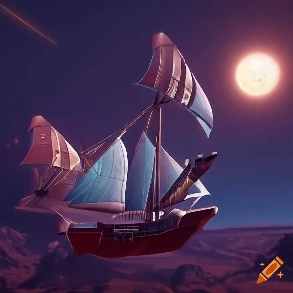 Detailed Treasure Planet solar punk ship with rocket engines flying by ...