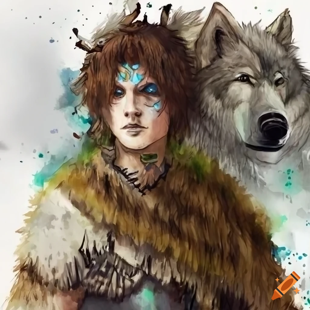 Male druid with spear and white wolf-fur cape in shadow of the colossus ...