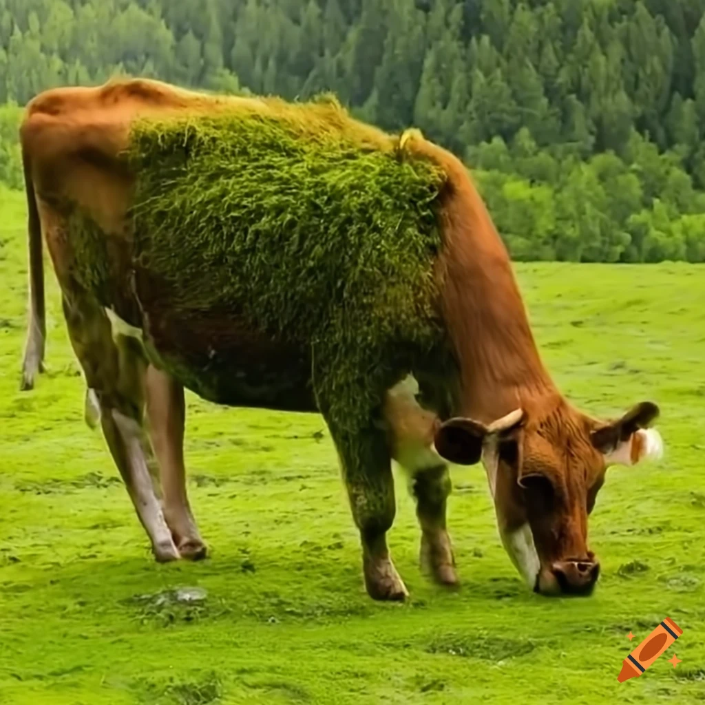 Cow covered in green moss grazing in a field on Craiyon
