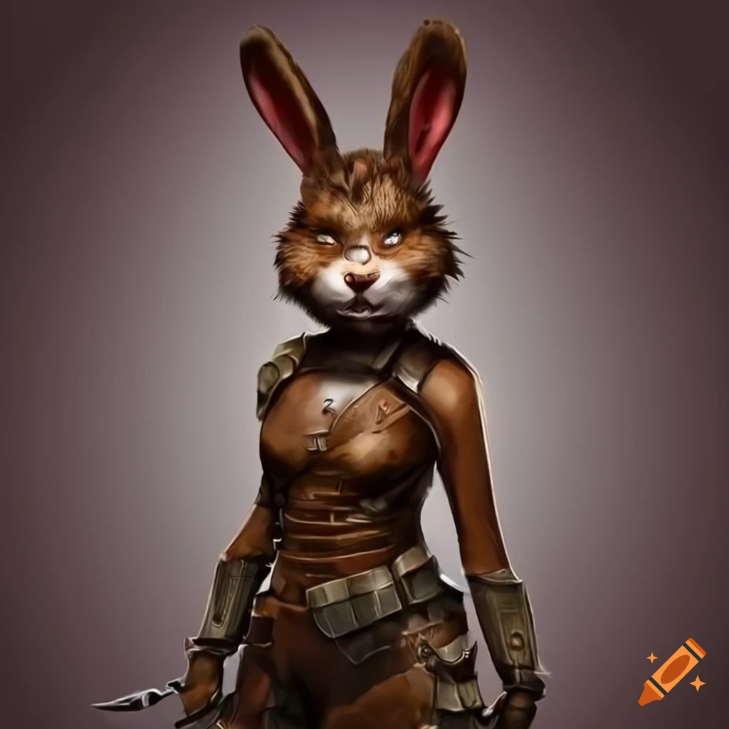 Furry brown humanoid rabbit female inventor in leather armor on Craiyon