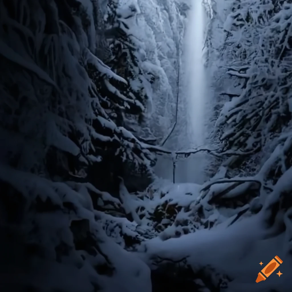 Linear snow-themed ravine with a sense of claustrophobia on Craiyon