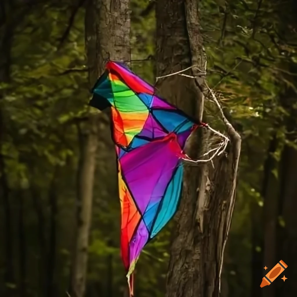 Colorful kite stuck in a tall tree with tangled string on Craiyon