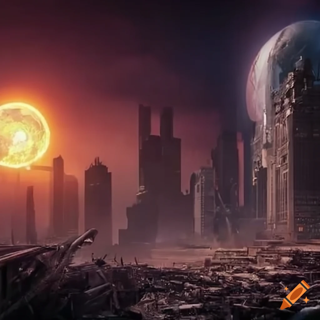 Post-apocalyptic chicago city ruins in space with asteroids on Craiyon