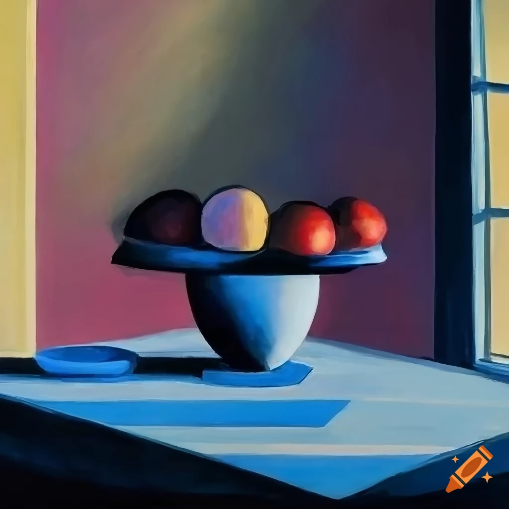 Sunlit interior room with table still life of fruit and vase in art style of giorgio chirico and ...