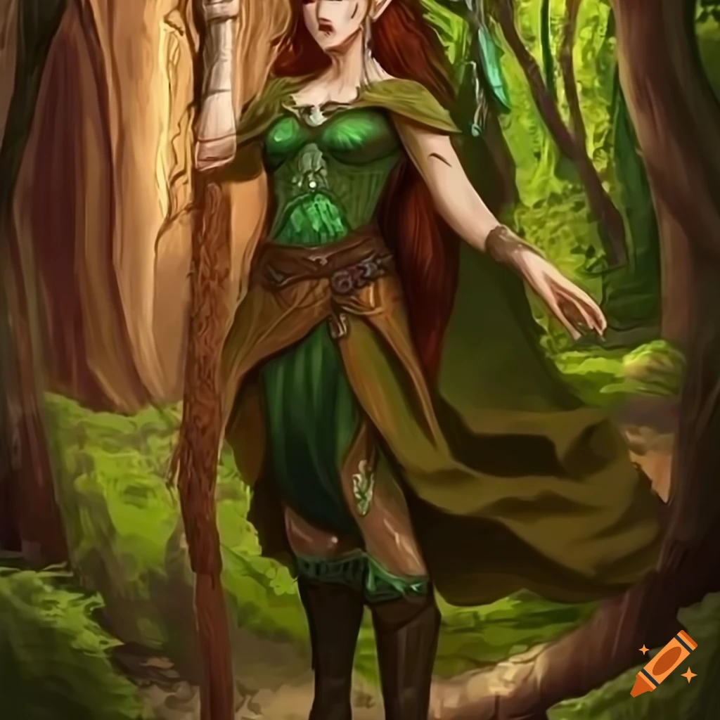 Portrait of a female druid half elf with green eyes and copper streaked hair on Craiyon