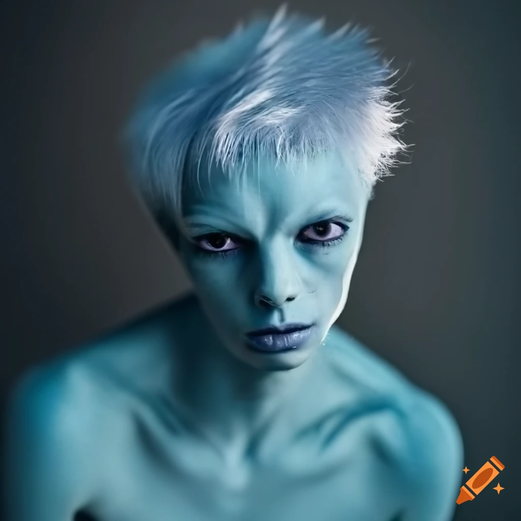 Blue-skinned humanoid alien man with pointed ears and short white hair on Craiyon